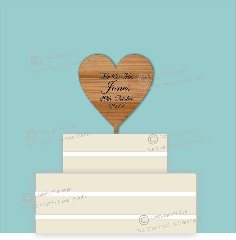 Engraved Heart - Wooden Cake Topper, Weddings, Engagement, Anniversary