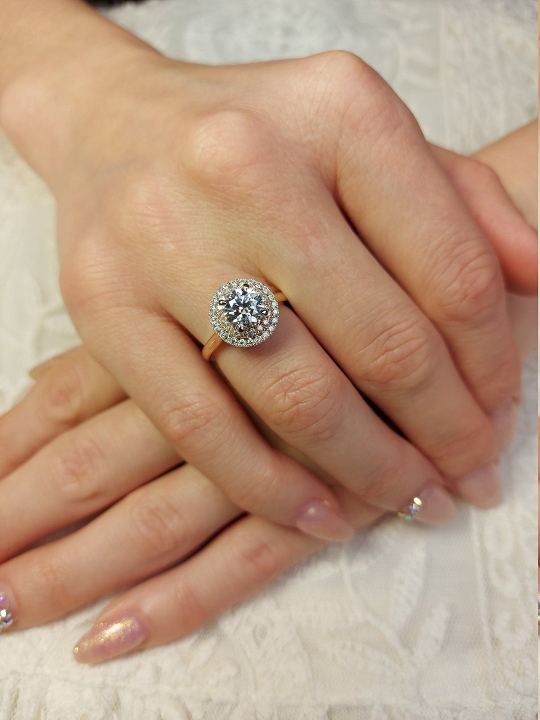 7mm Round Halo Grey Moissanite Engagement Ring, Vintage Ring, Two-tone ...