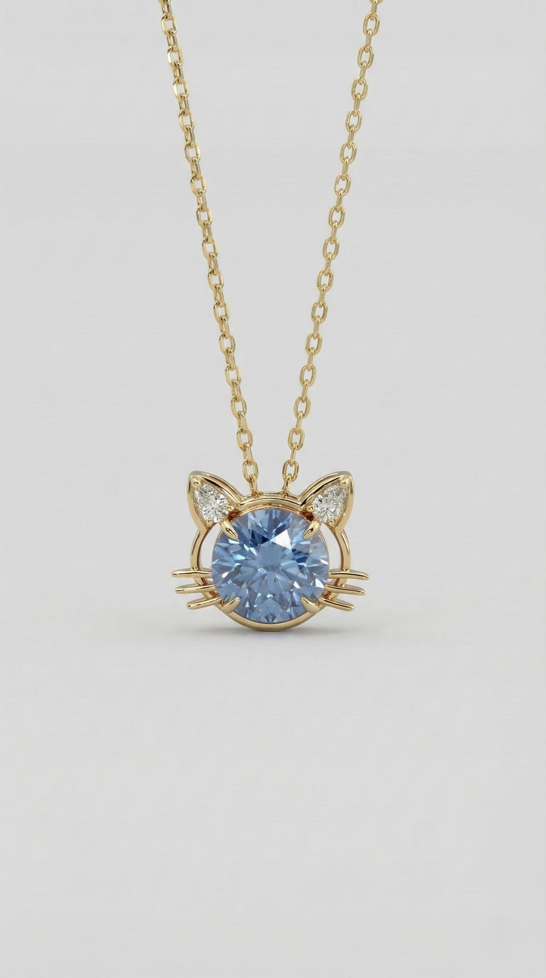 Aquamarine Round and Pear Cut Diamond Cat Necklace, IGI Certified 14k ...