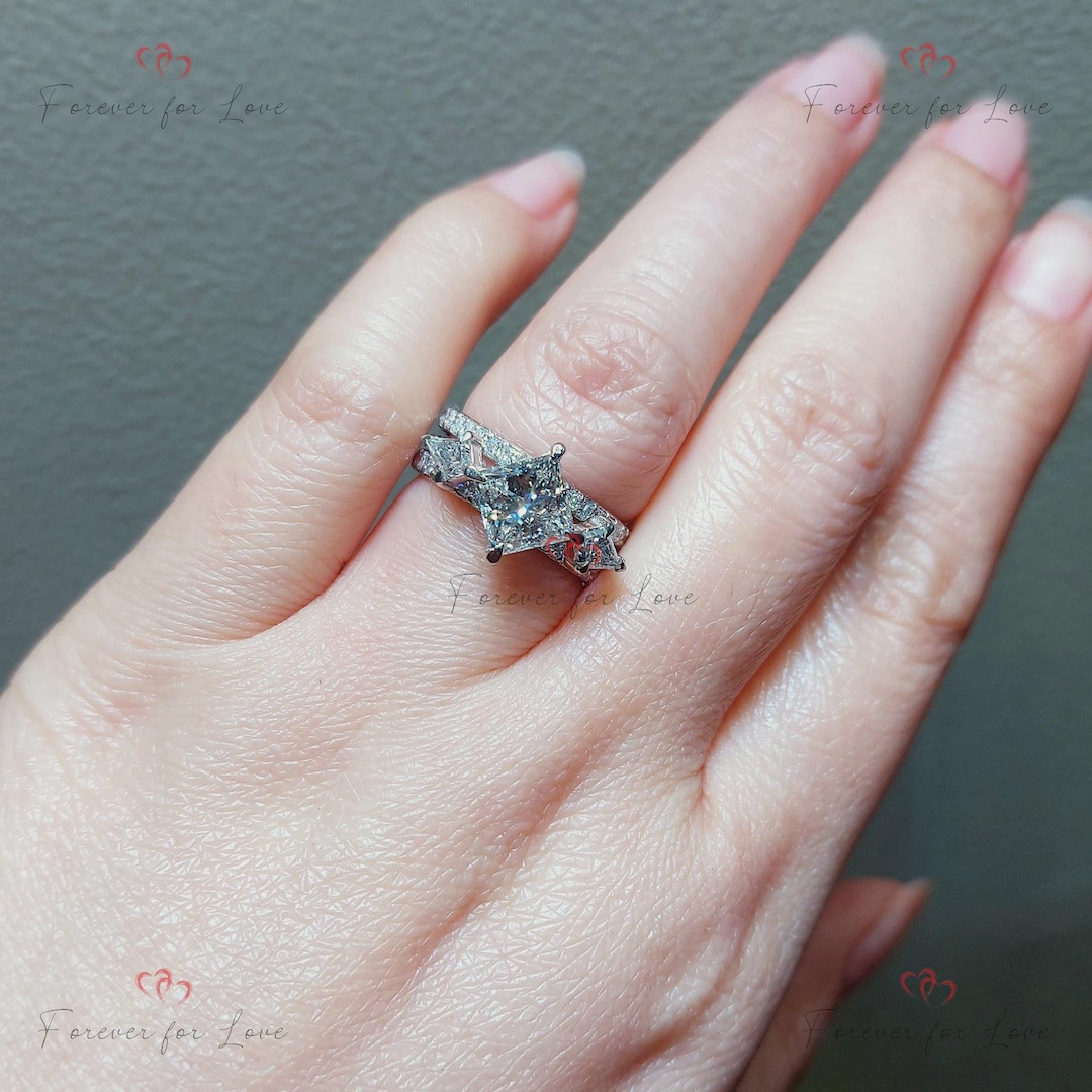 Princess Cut Diamond Engagement Ring Three Stone Ring Bridal Set Kite ...