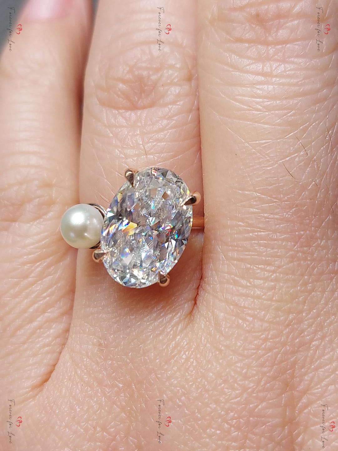 5 Carat Oval Crushed Ice Cut Moissanite Engagement Ring , Pearl Moissanite Ring Unique Curve ...