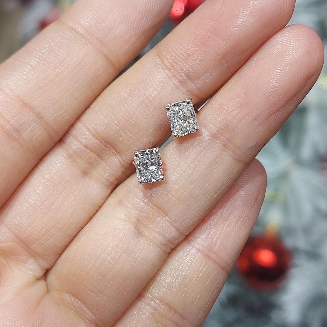 Radiant Cut Stud Earrings / Radiant Cut Stud Earrings / 14k Gold Stud ...