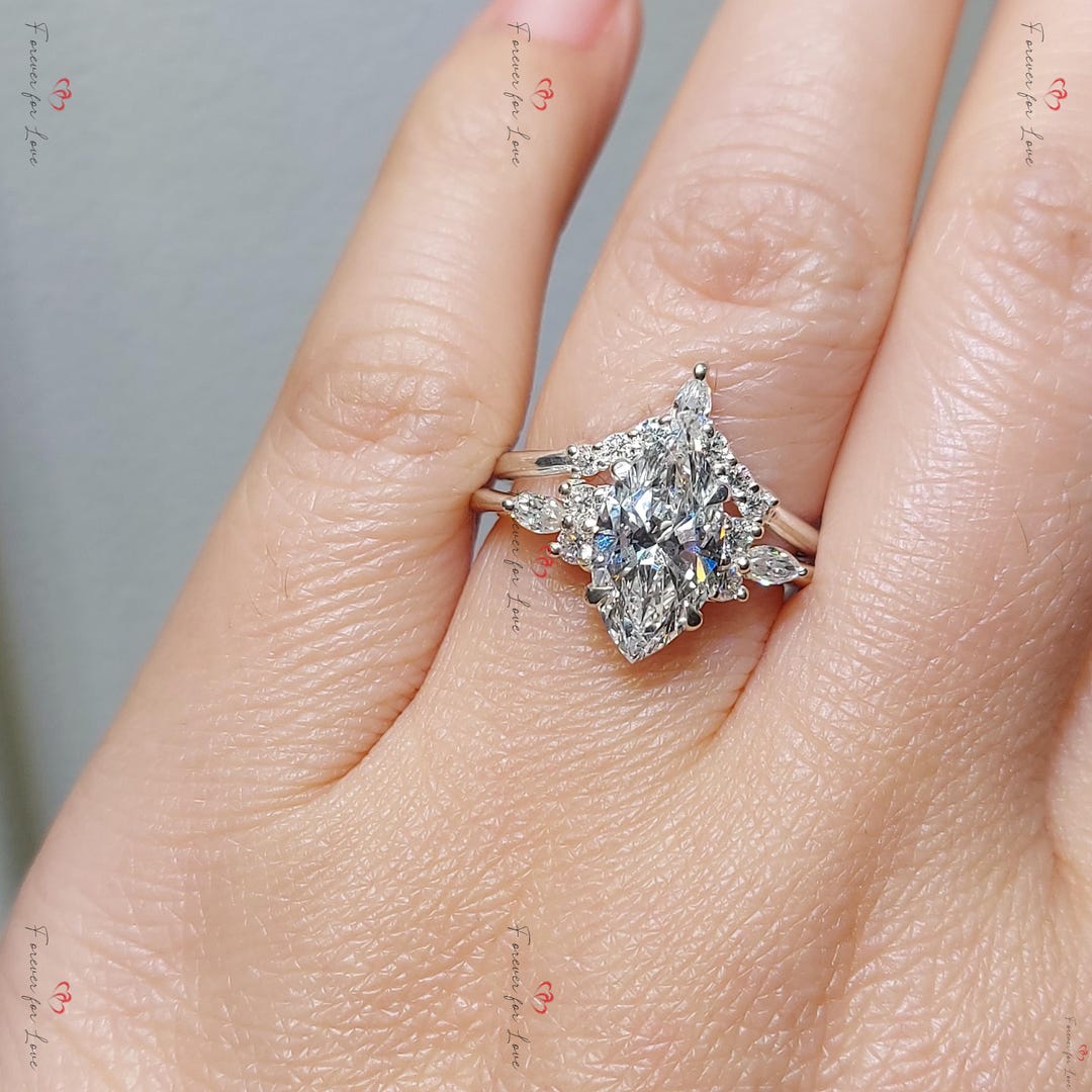 Marquise Diamond Engagement Ring Set, Vintage Diamond Stacking Ring ...