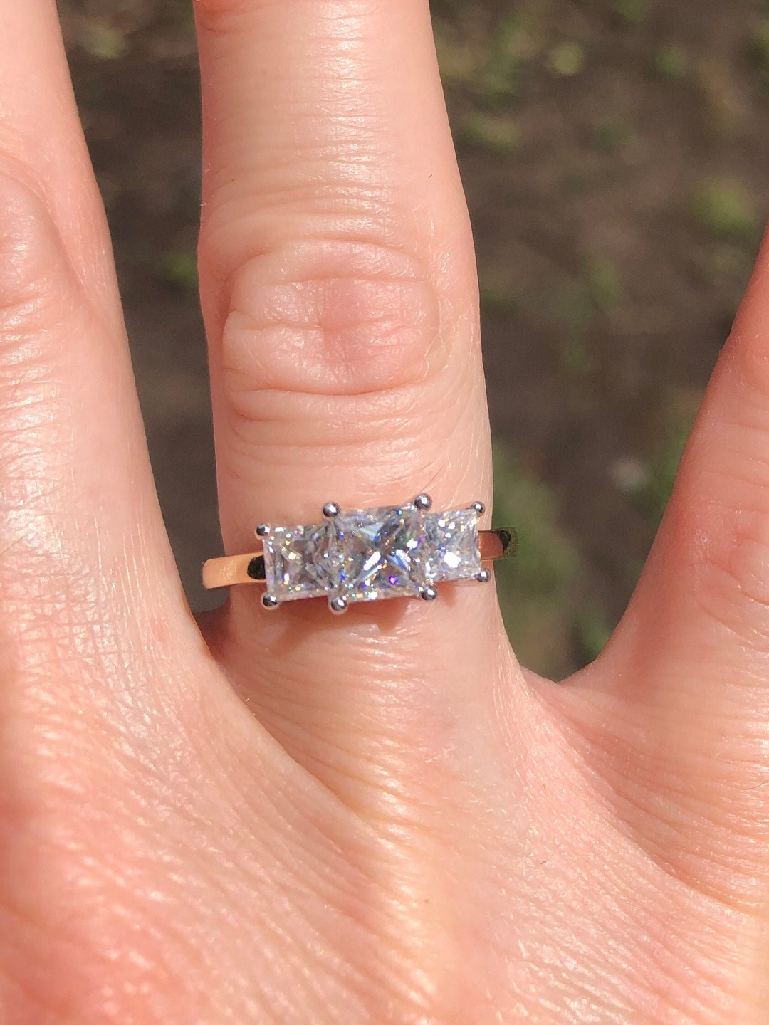 3 Stone Trilogy Diamond Engagement Ring in Solid Gold, Princess Cut ...