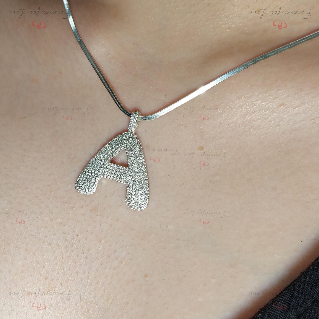 Bubble Letter Initial Pendant, 14k or 18k Solid Gold, Ice Diamond ...
