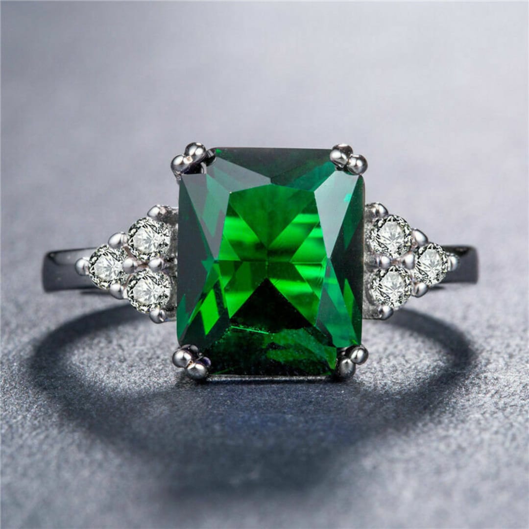 2ct Green Radiant Ring - 3 Stone Engagement Ring - CZ Wedding Ring ...