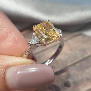 4 Carat Fancy Intense Yellow Cushion Cut Lab Grown Diamond Engagement Ring / 3 Stone Diamond ...