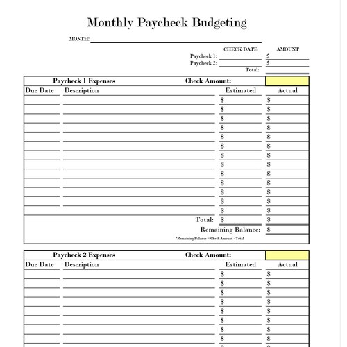 Simple Monthly Paycheck Budget Worksheet Standard Design - Etsy