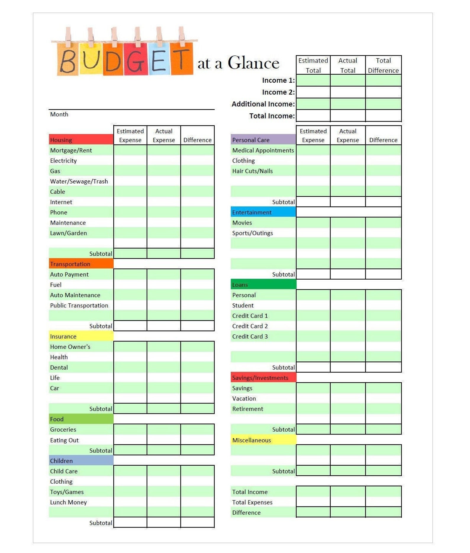 Monthly Budget at a Glance Worksheet Multiple Incomes - Etsy Canada