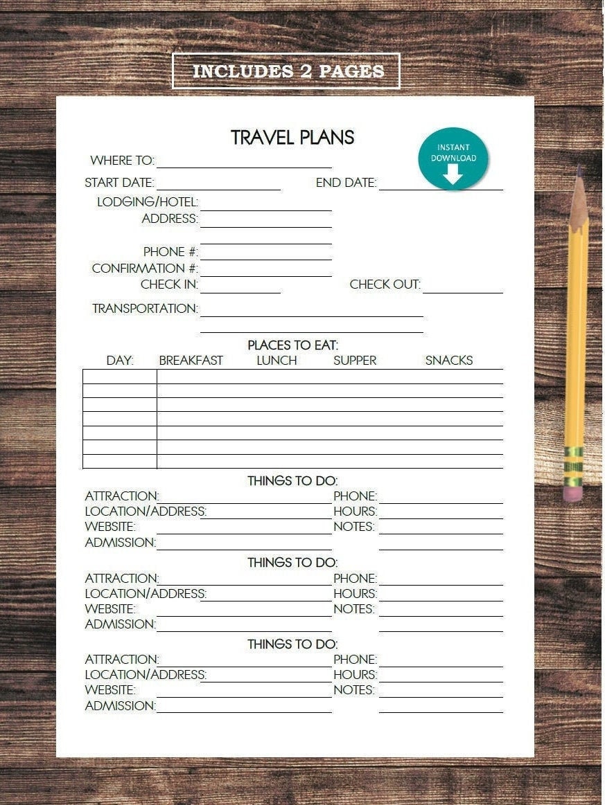 2 Page Travel Planner/itinerary, Standard Design, Digital Download ...