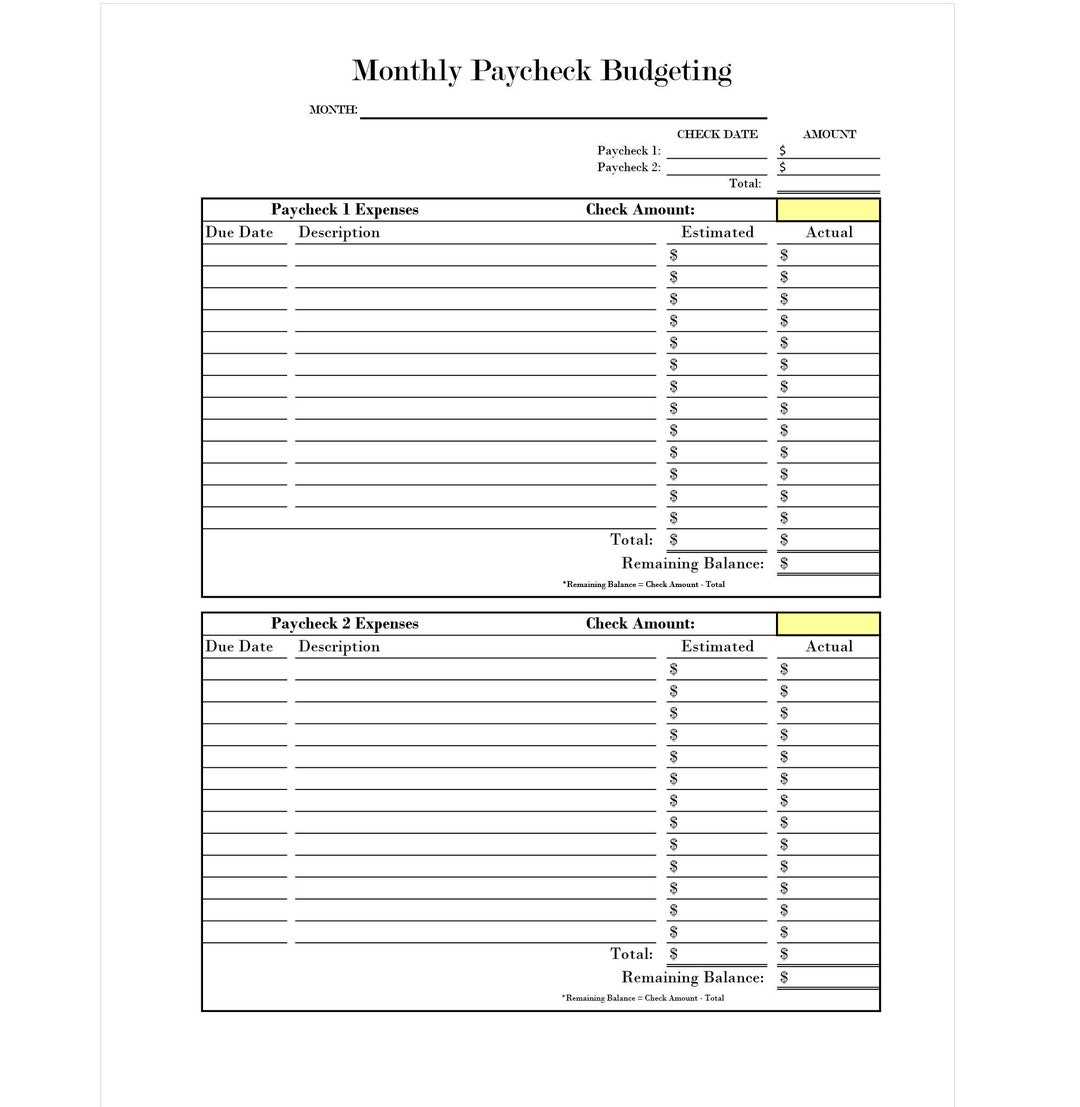 Simple Monthly Paycheck Budget Worksheet, Standard Design, Instant ...
