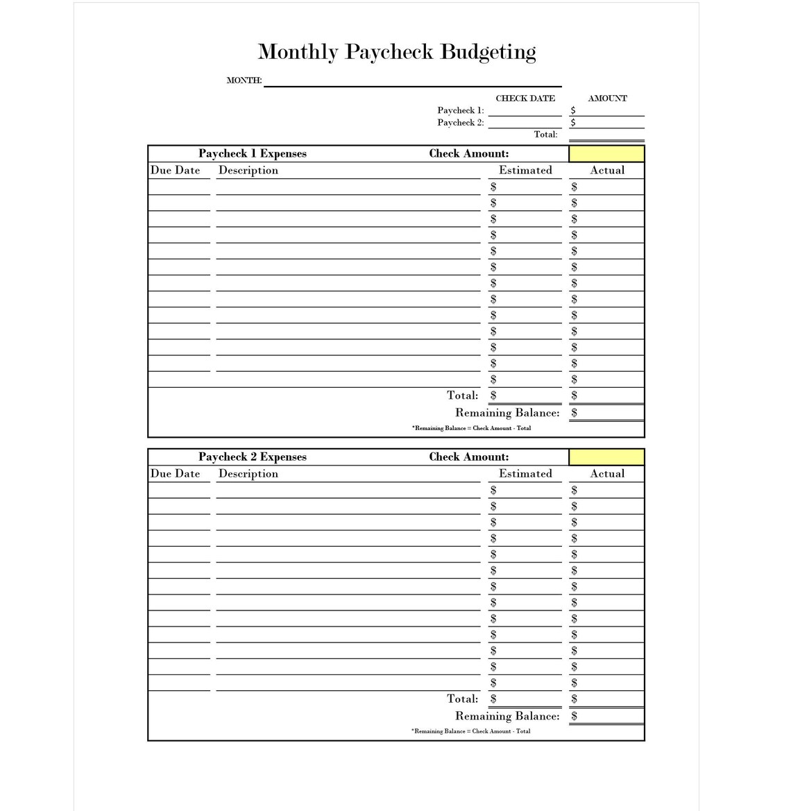 Simple Monthly Paycheck Budget Worksheet, Standard Design, Instant ...