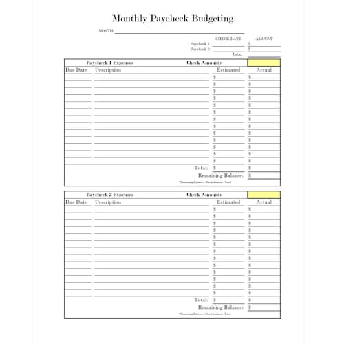 Simple Monthly Paycheck Budget Worksheet Standard Design - Etsy