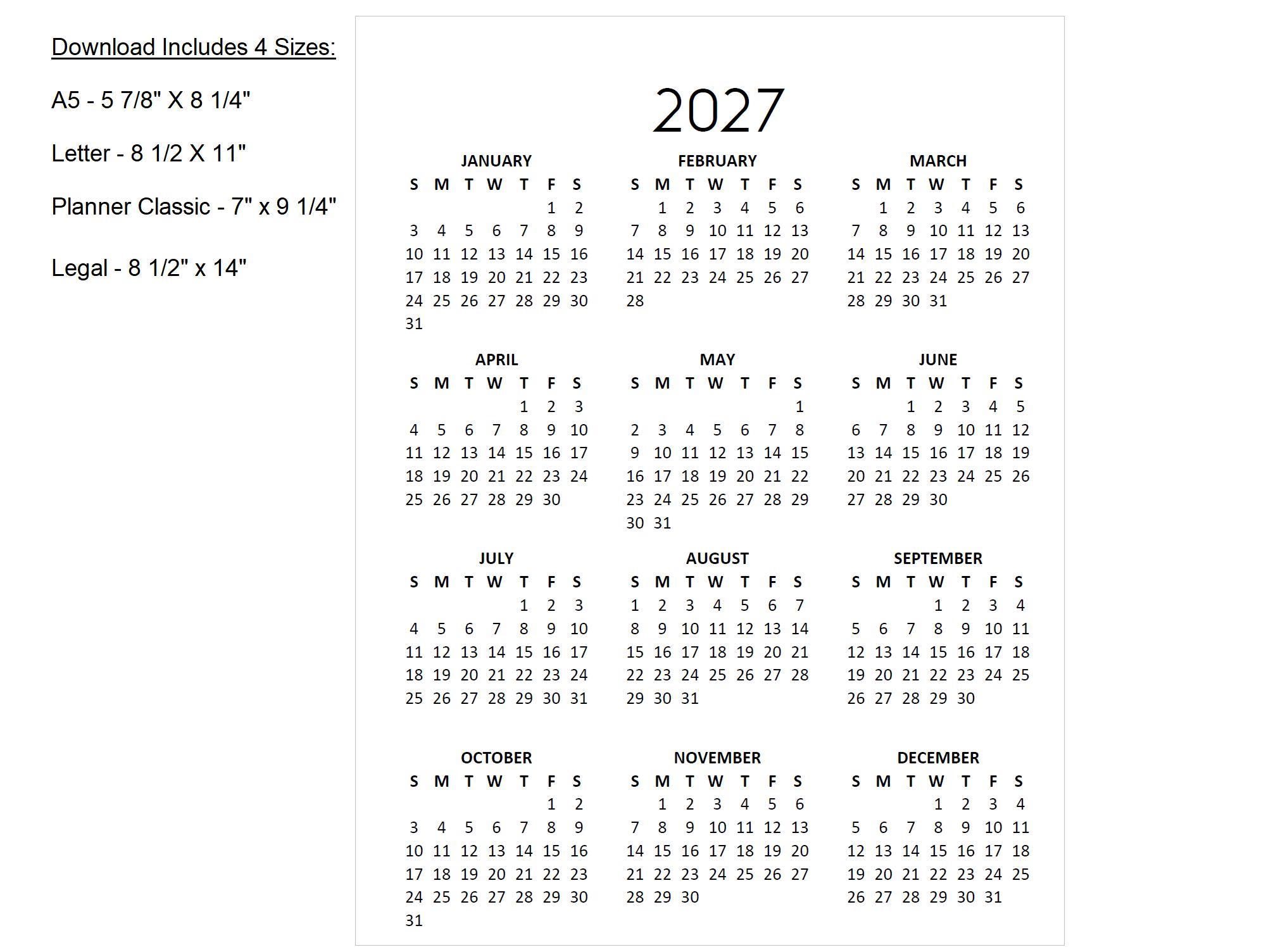 2027 Minimalist Calendar Year at a Glance: 4 Sizes (instant Download ...