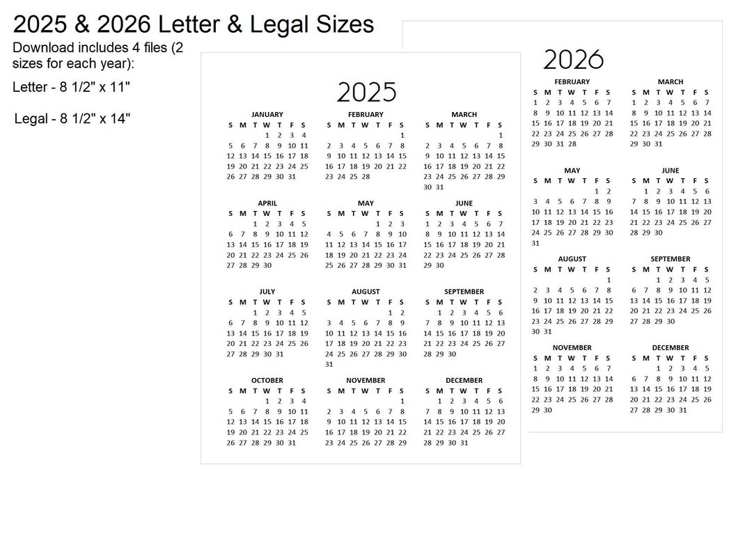 2025 and 2026 Printable Minimalist Calendars, Year at a Glance, 2 Years ...