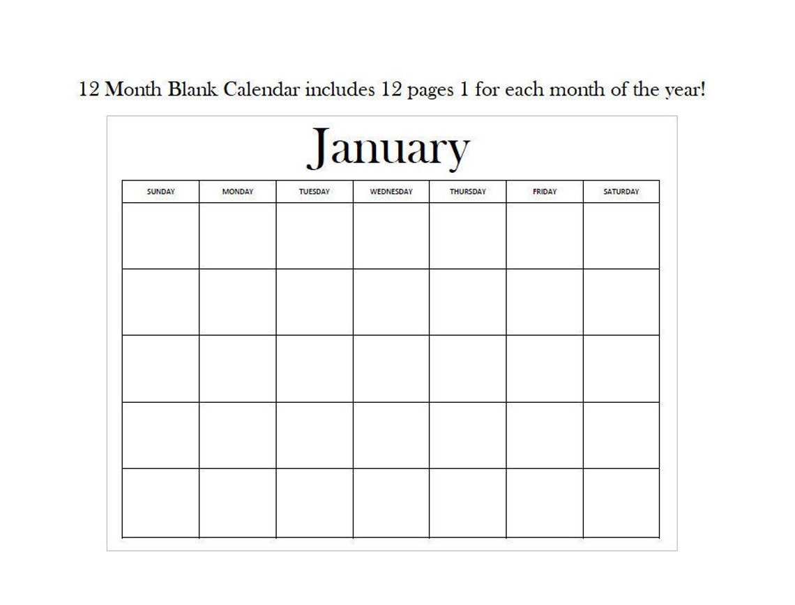 Blank 12-month Calendar: Standard Design, 11" X 8.5" (digital Download ...