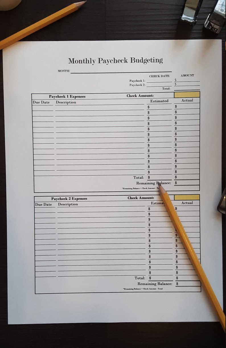 Simple Monthly Paycheck Budget Worksheet, Standard Design, Instant ...