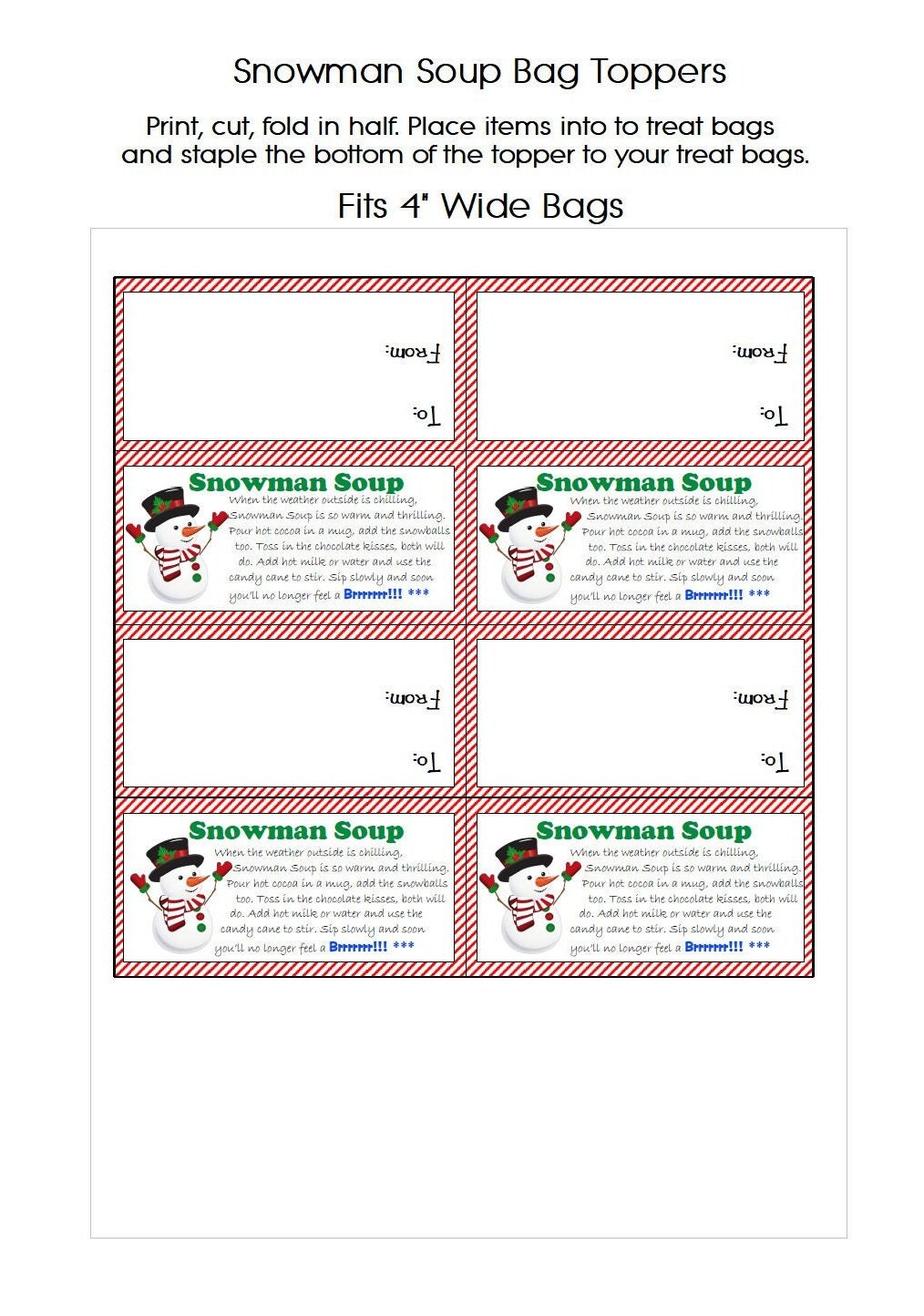 Snowman Soup Bag Toppers, Red & White Candy Cane, Digital File, 4 ...