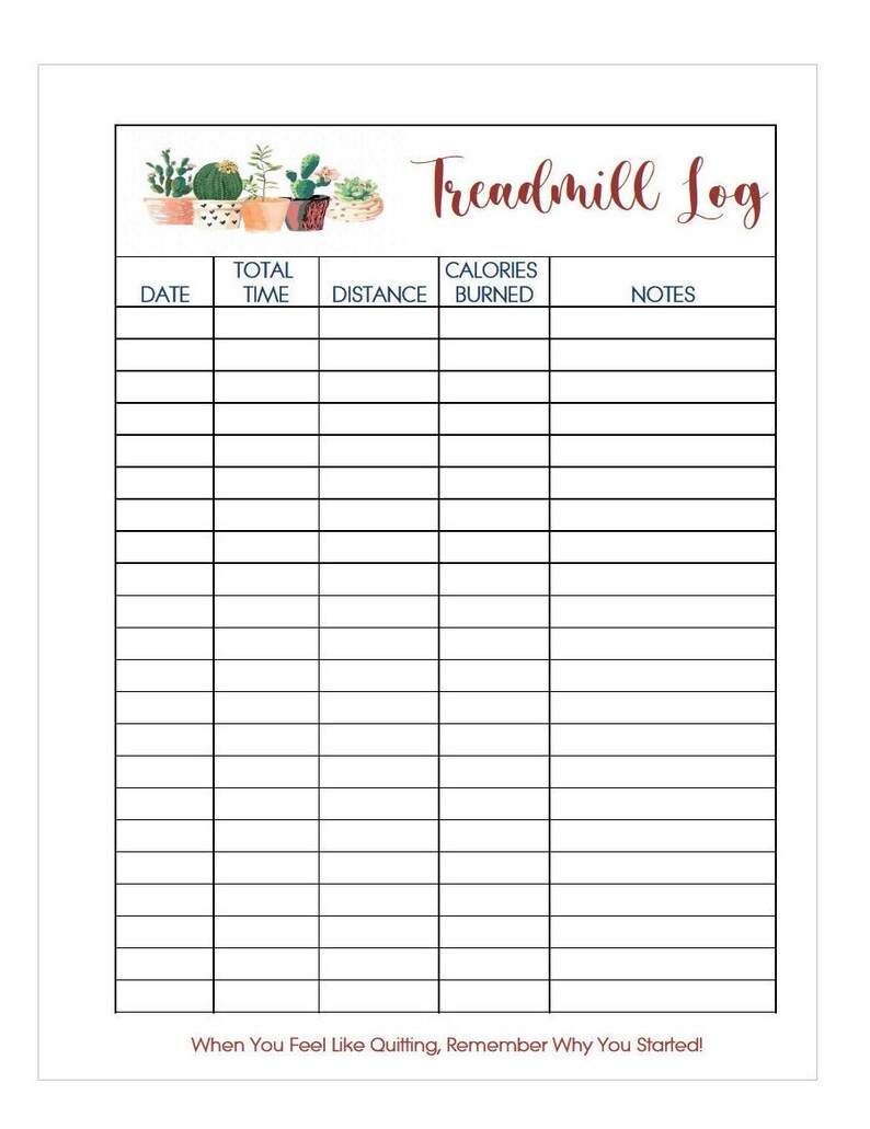 Printable Treadmill & Walking Log With Cute Succulents - Etsy