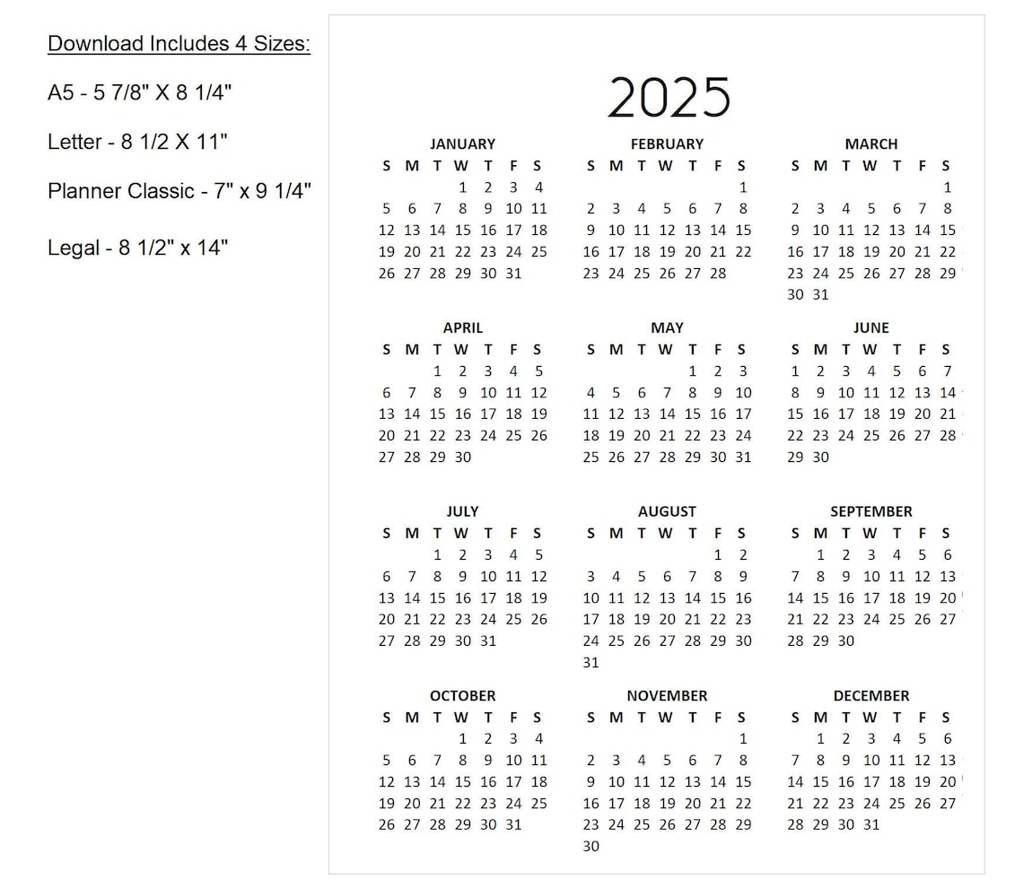 2025 Minimalist Calendar: Year at A Glance Printable (instant Download ...
