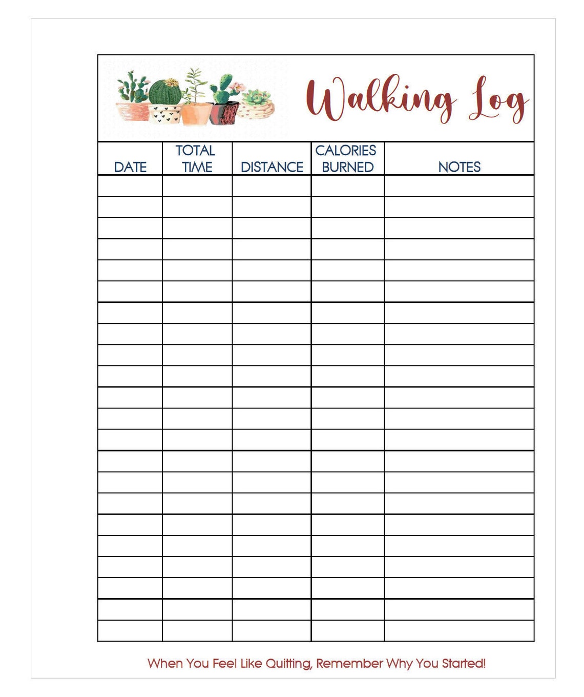 Printable Treadmill & Walking Log With Cute Succulents - Etsy