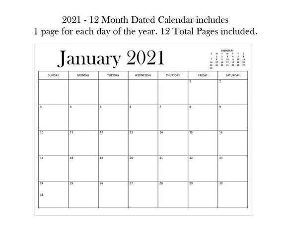 2021 12 Month Dated Calendar Standard Design Digital | Etsy