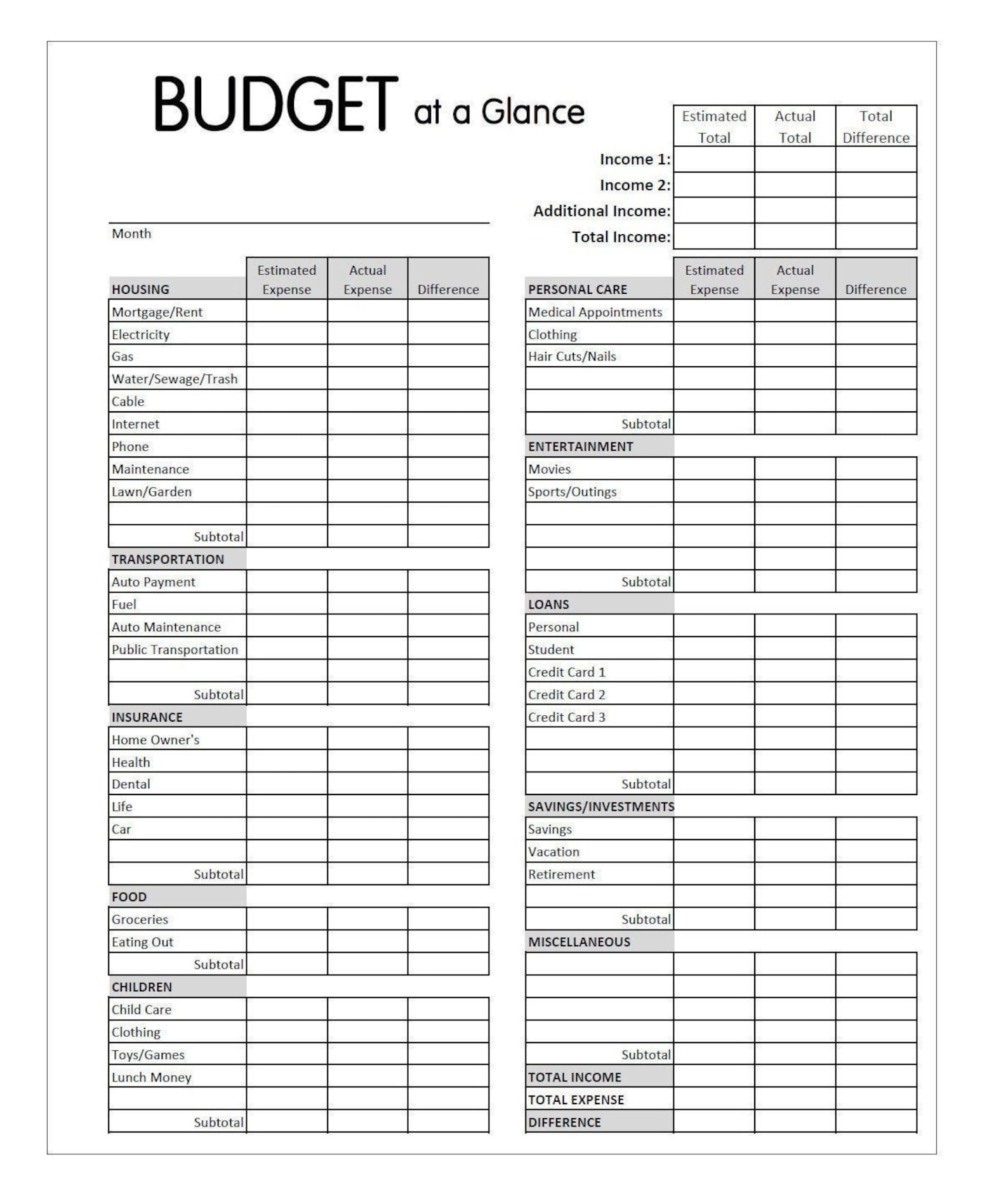 Minimalist Monthly Budget at a Glance Worksheet 3 Sizes: - Etsy Canada