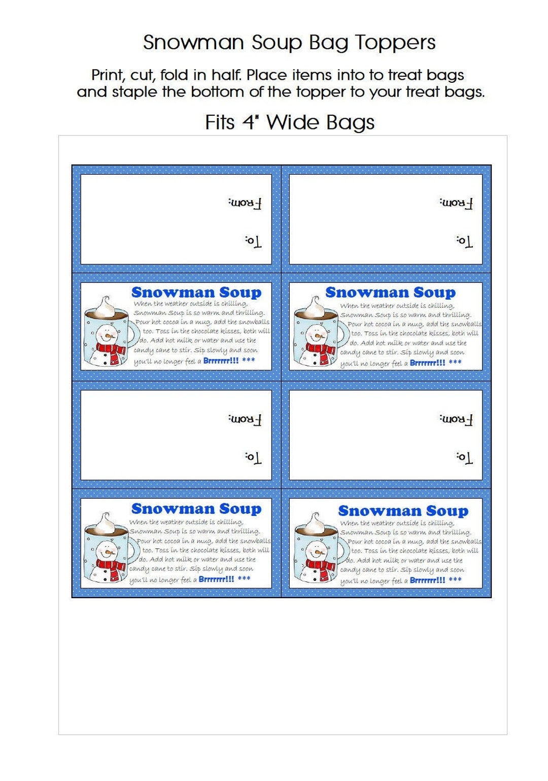 Snowman Soup Bag Toppers, Blue Snowman Mug, 4 Toppers per Page ...