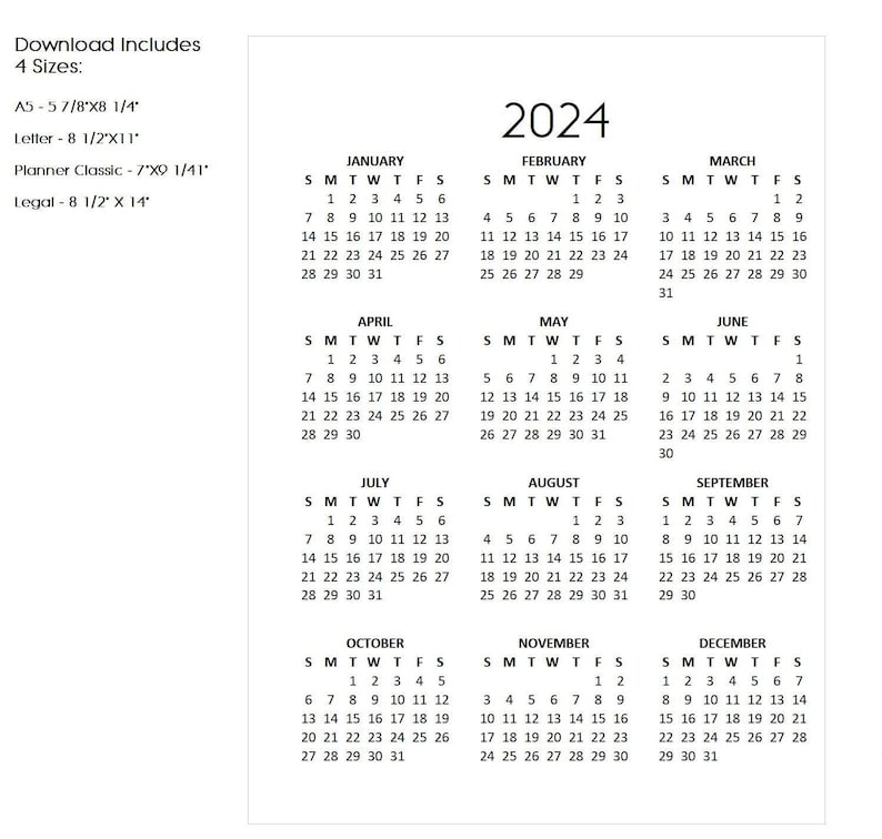2024 Minimalist Calendar Year at a Glance (digital Download) - Etsy