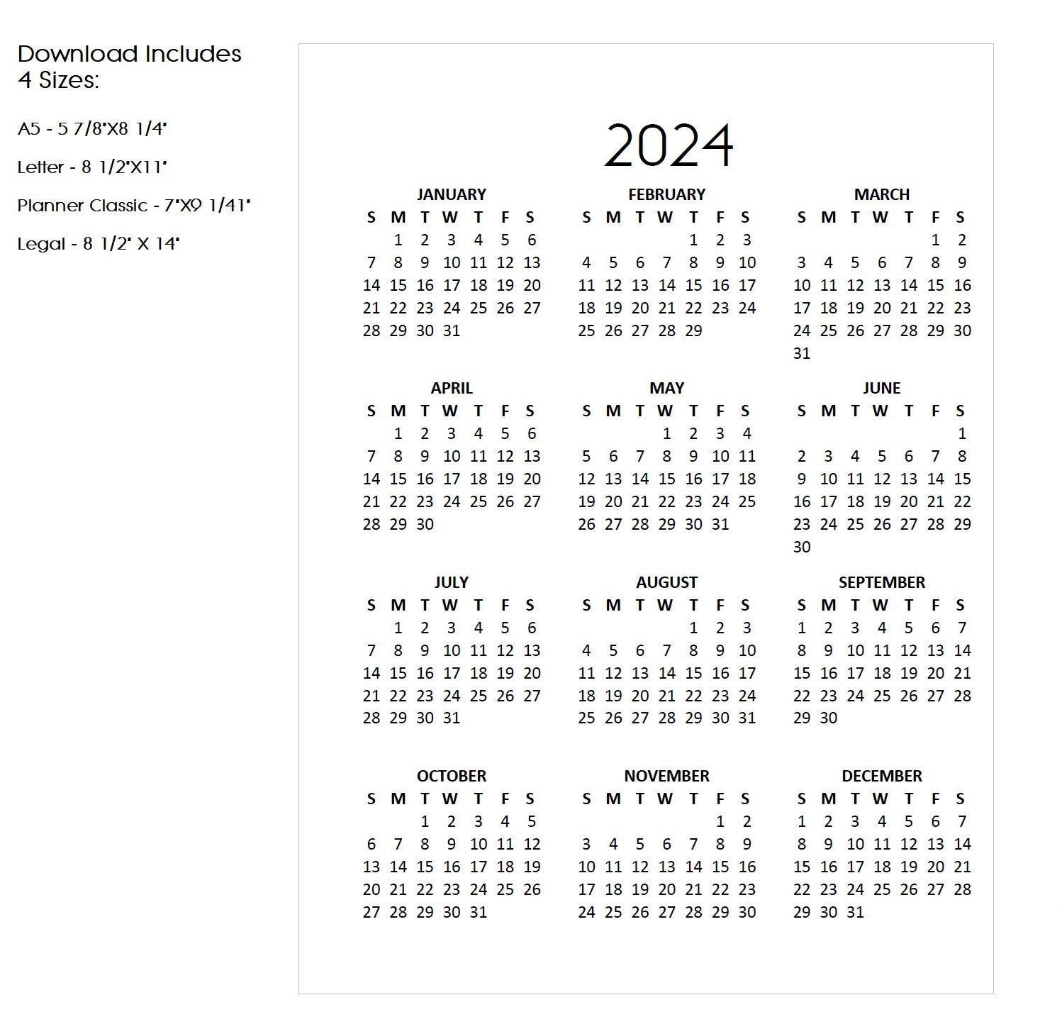2024 Minimalist Calendar Year at a Glance (digital Download) - Etsy
