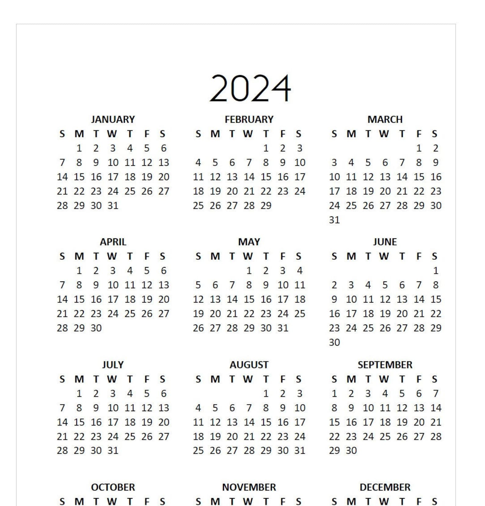 2024 Minimalist Calendar Year at a Glance (digital Download) - Etsy