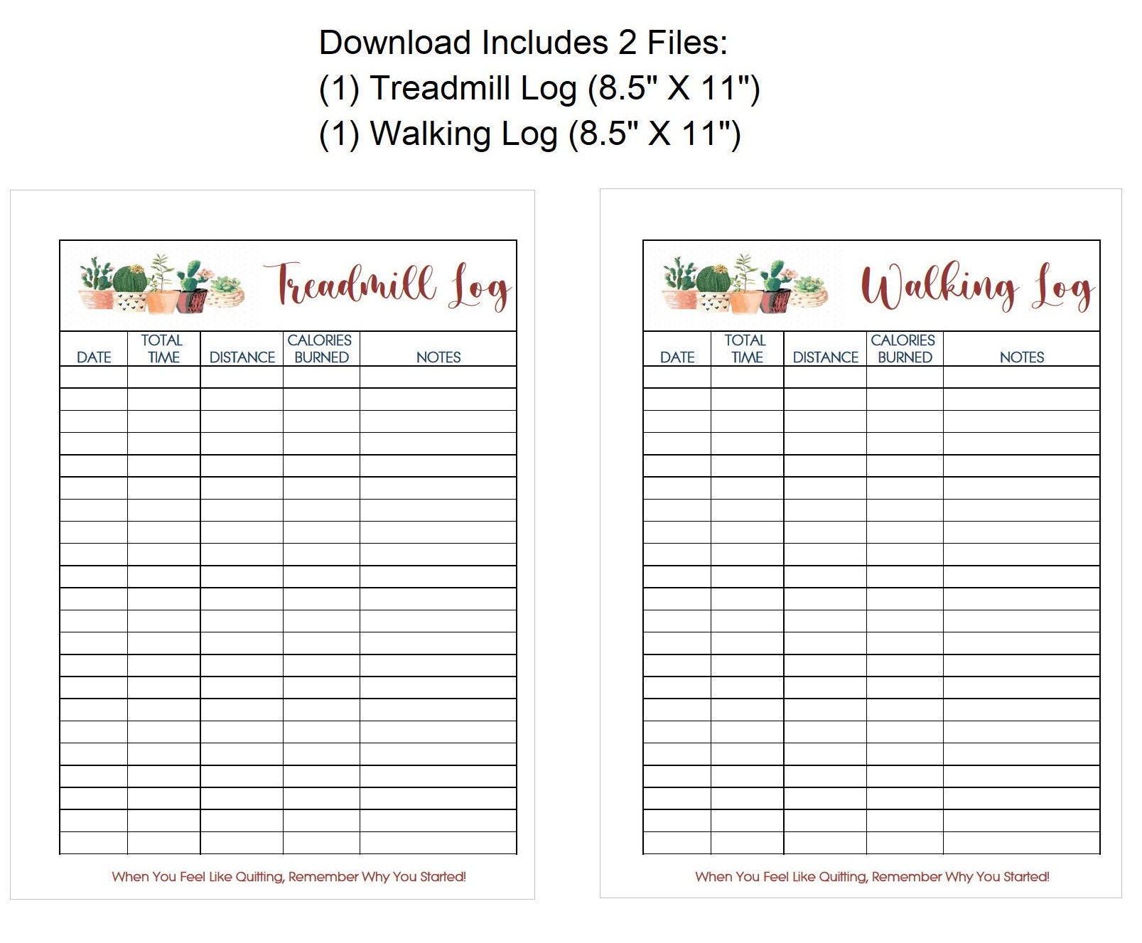 Printable Treadmill & Walking Log With Cute Succulents - Etsy