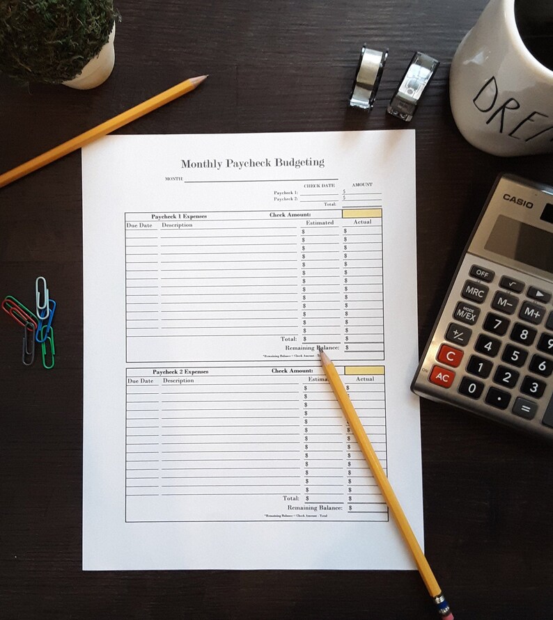 Simple Monthly Paycheck Budget Worksheet, Standard Design, Instant ...