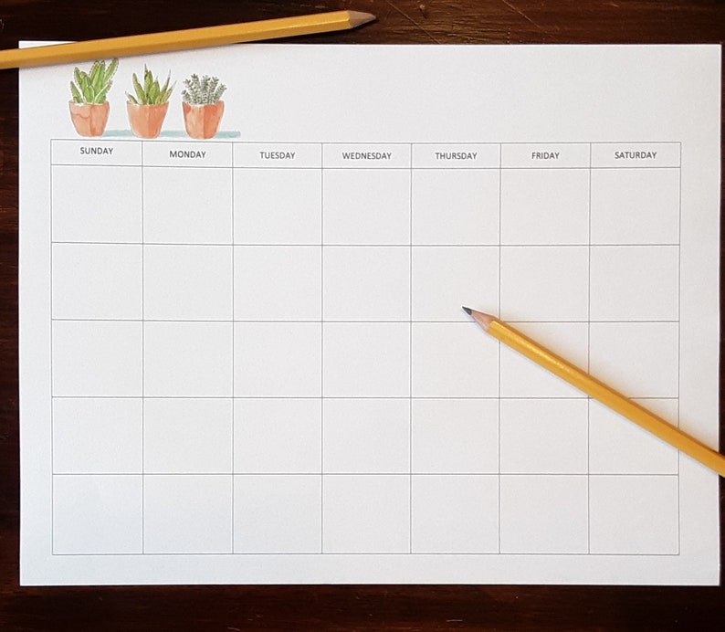 Sunday and Monday Start Terra Cotta Succulents Printable Blank Monthly ...