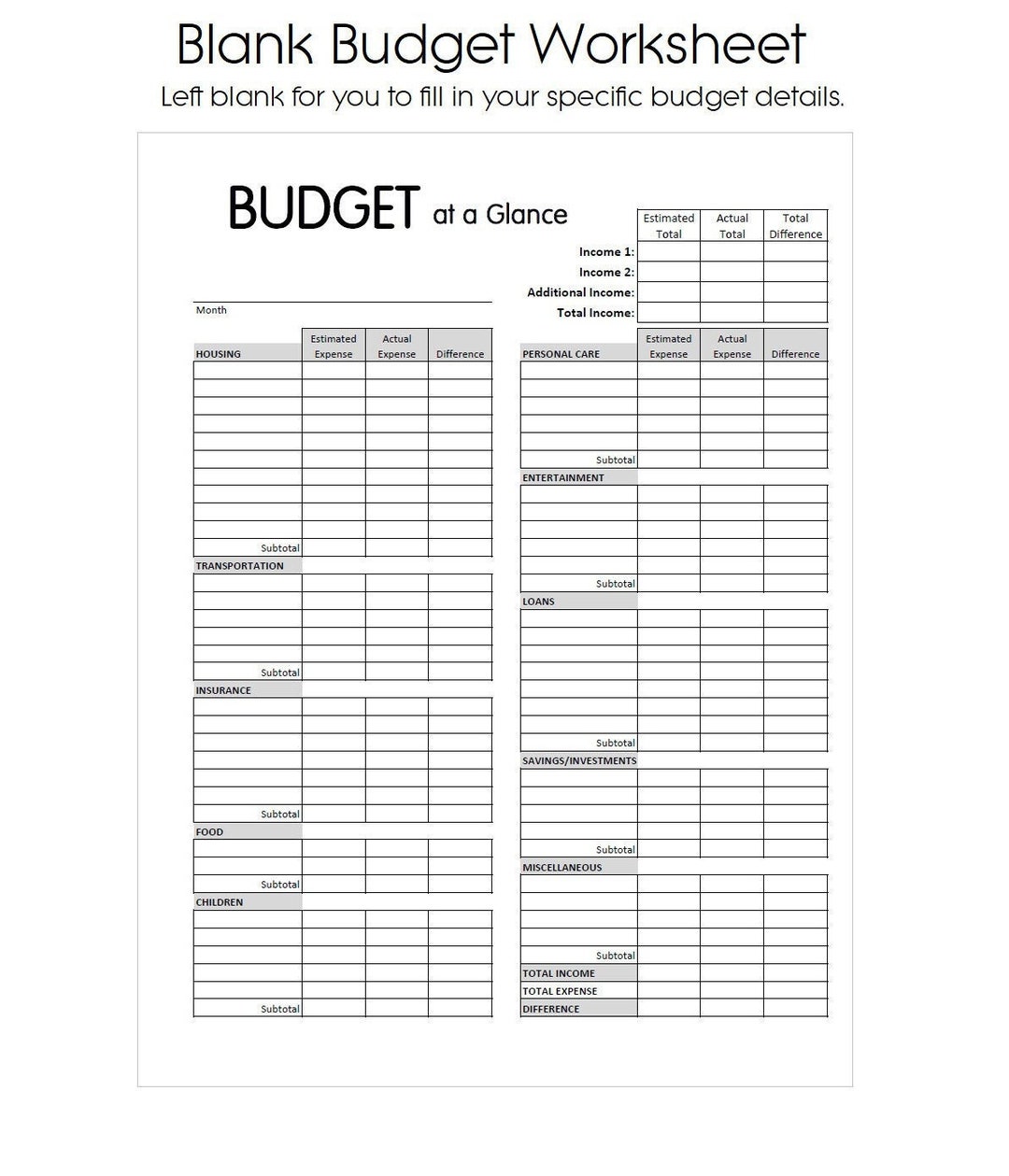 BLANK Monthly Budget at a Glance Worksheet, Letter, Portrait 8.5 X 11 ...