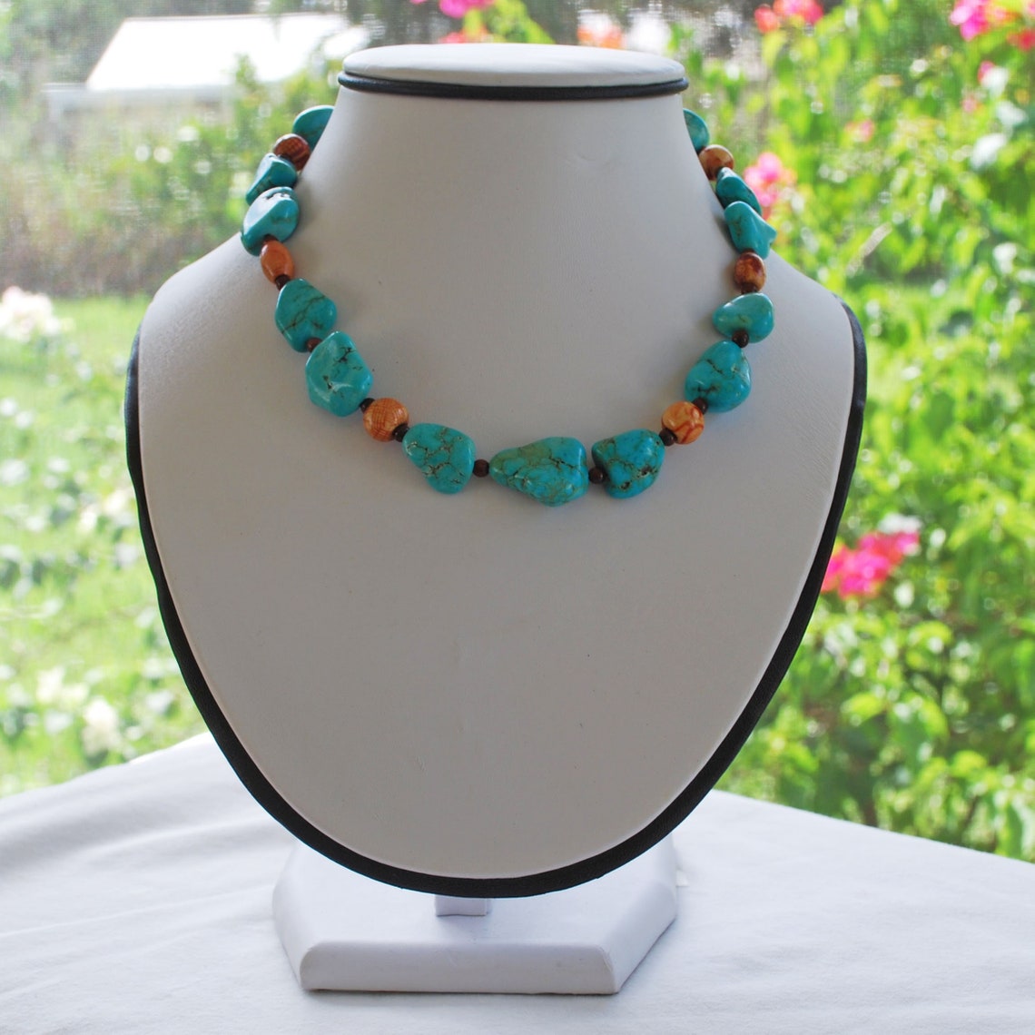 Blue Chaulk Turquoise, Tiger Eye, and Wood Necklace - Etsy