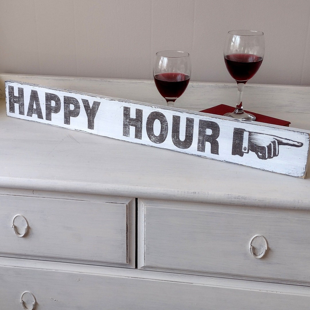Happy Hour Sign, Home Bar Decor, Vintage Pointing Hand - Etsy