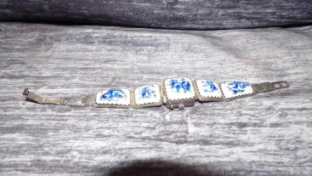 Vintage Blue Flower Porcelain 875 Silver CHAIKA 17 Jewel USSR Womens ...