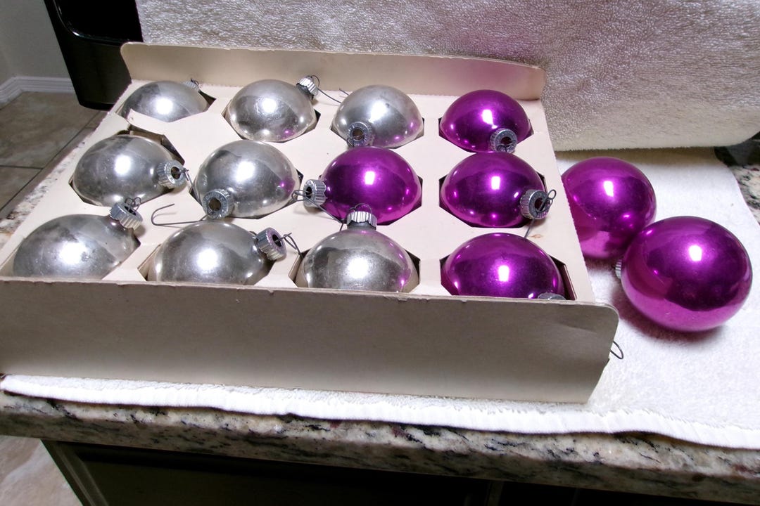 Vintage Box Shiny Brite Silver, Purple Glass Oraments 14 Total - Etsy