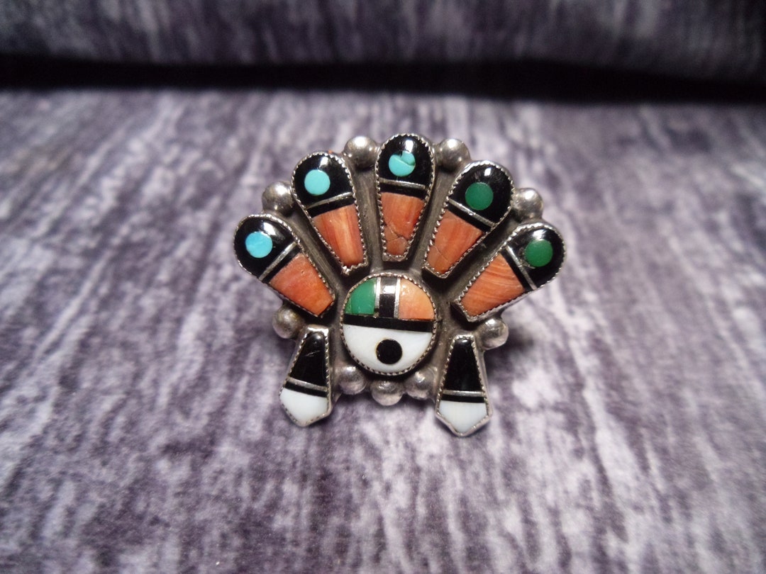 Vintage Zuni Head W/inlay Feather Motif Sterling Ring Gemstone - Etsy