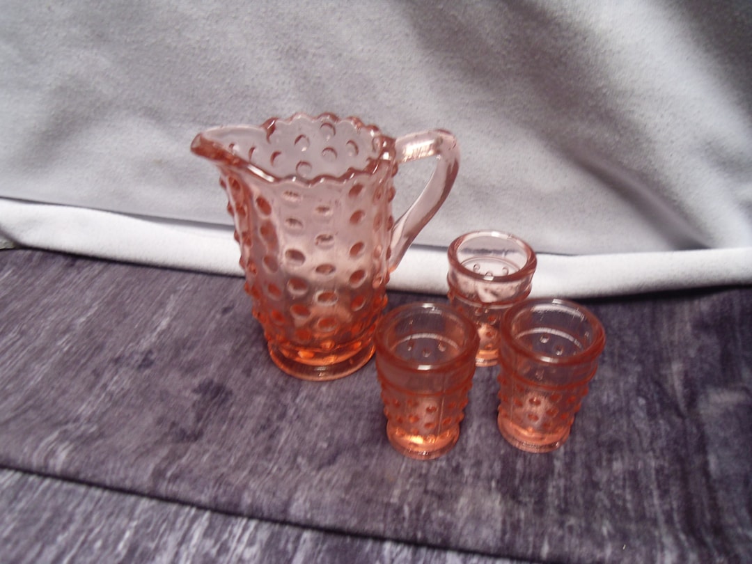 Vintage Pink Glass Hobnail Pitcher/glasses Set - Etsy
