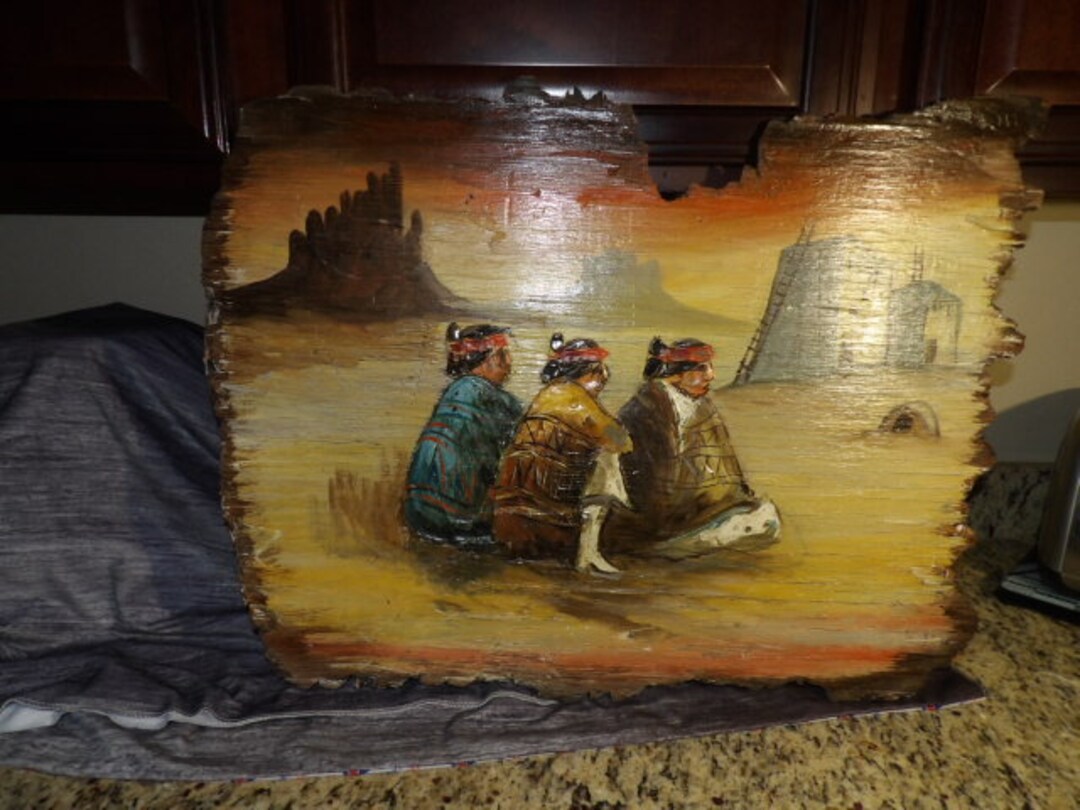 Vintage Interesting Native American Pueblos Raised Relief Oil Work ...
