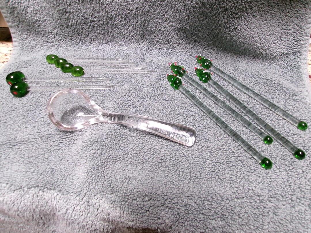 Vintage Drink Stirrer's Lot 4 Christmas Tree 6 Olive, 1 Glass Dipper ...