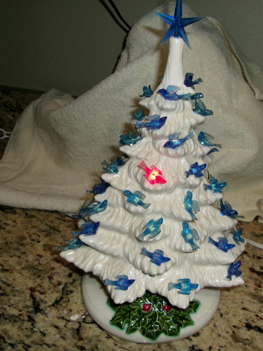 Vintage White Ceramic Christmas Tree, Blue Bird Ornaments, With Stand ...