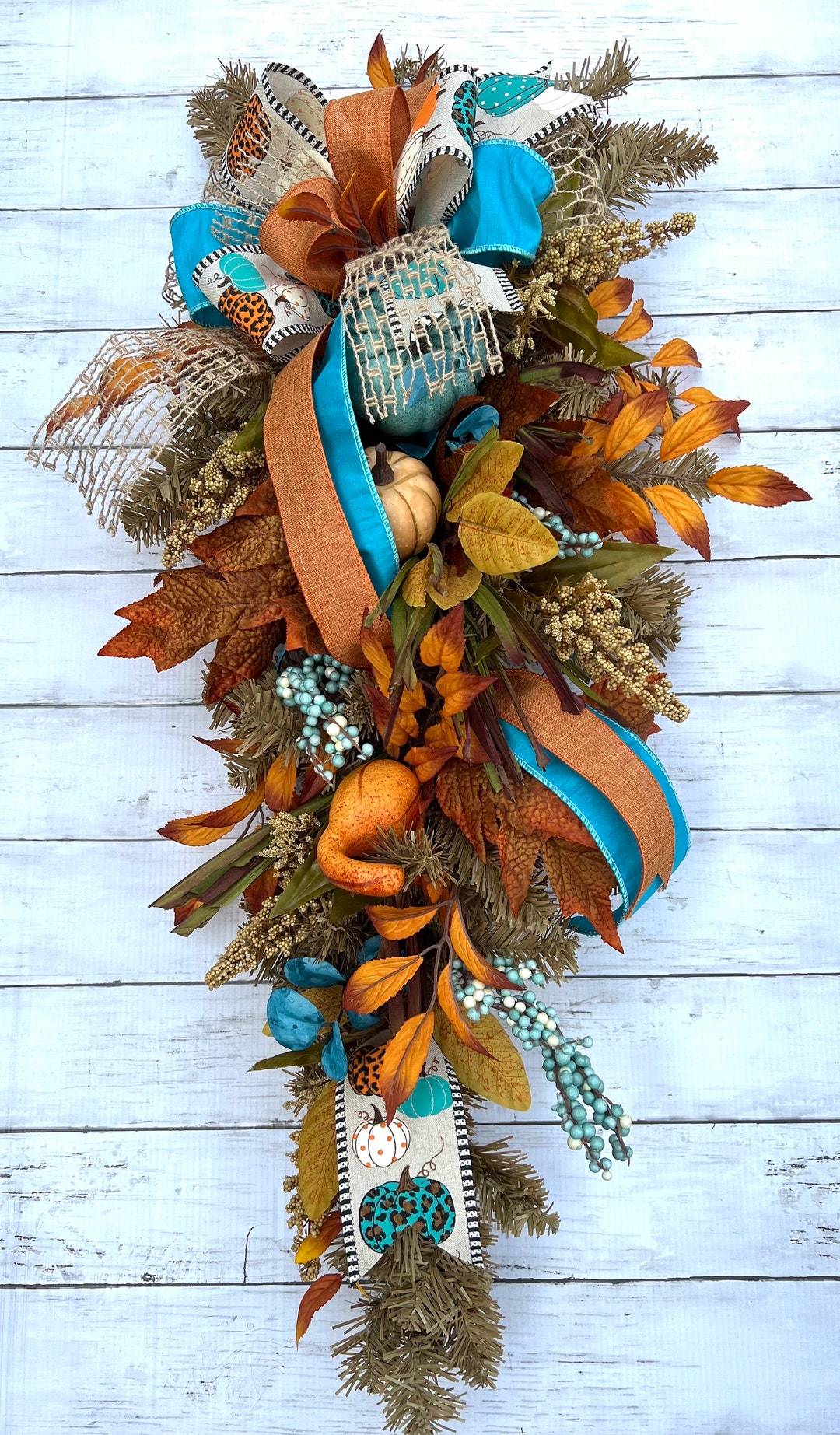 Fall Orange and Teal Teardrop Swag - Pumpkin and Gourd Decor - Large ...