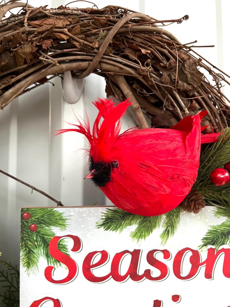 Holiday Grapevine Wreath With Season's Greetings Sign & Cardinals ...