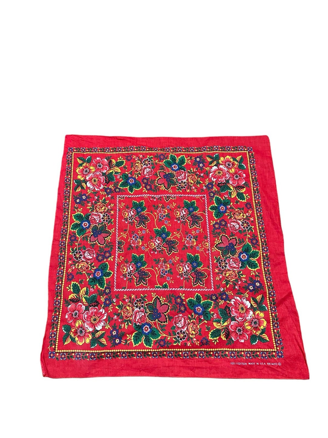 Vintage Red Floral Cotton Bandana RN 14193 Made in USA - Etsy