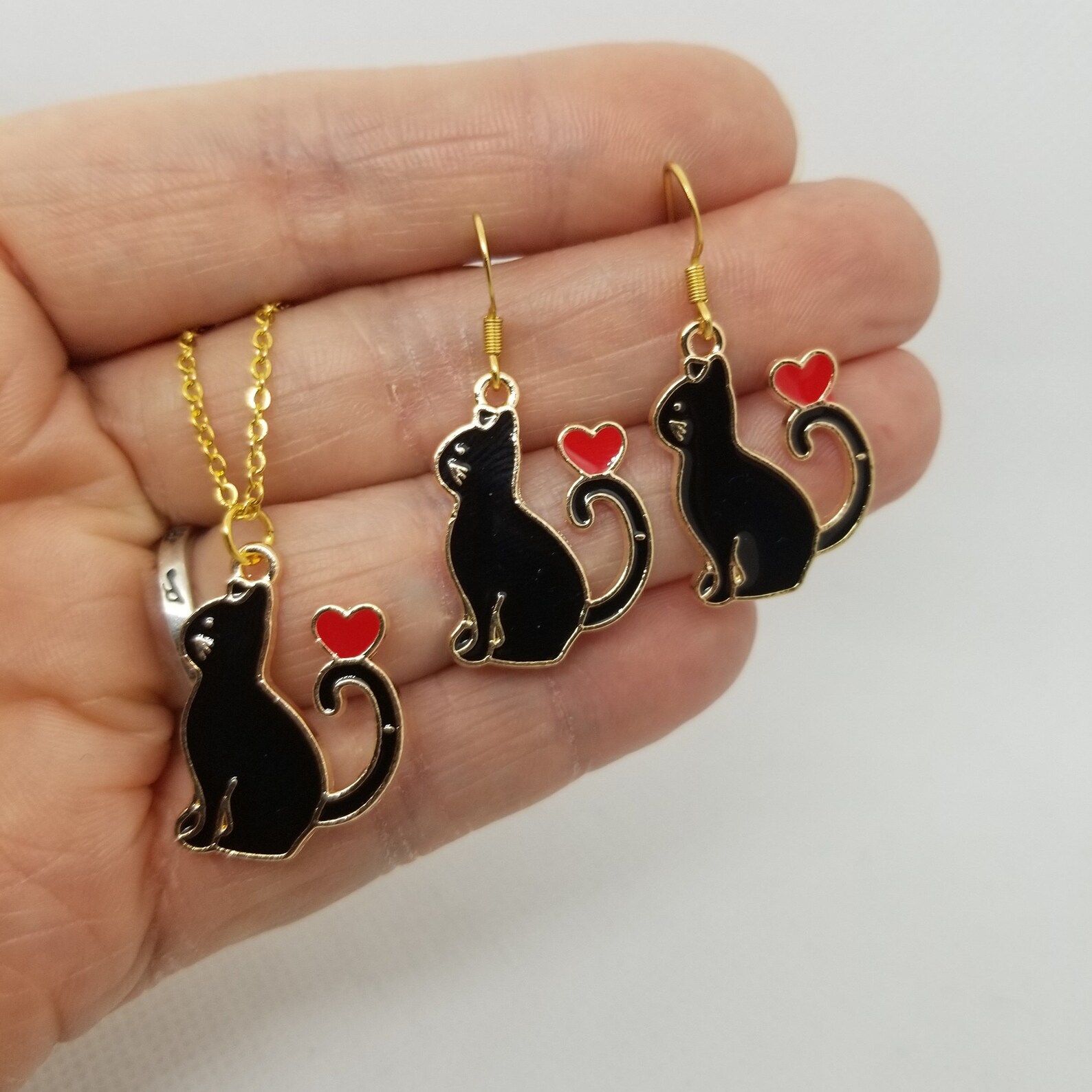 Black Enamel Cat Charm Earrings & Necklace Set or Separate Cat Jewelry ...