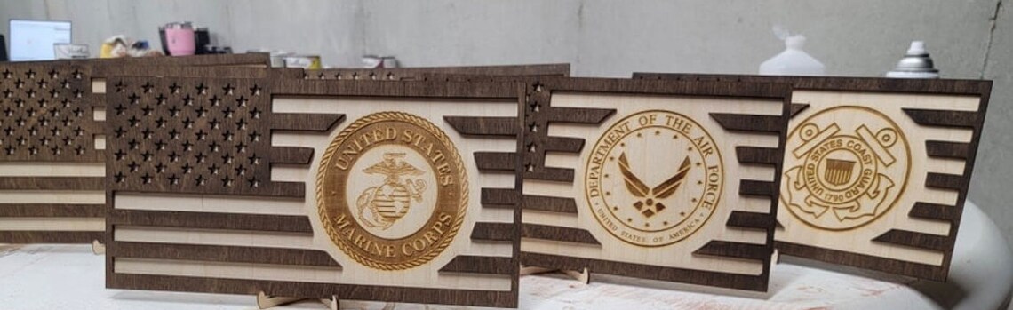 American Flag Engraved Military Flag W Branch Emblem Laser Cut Wooden ...