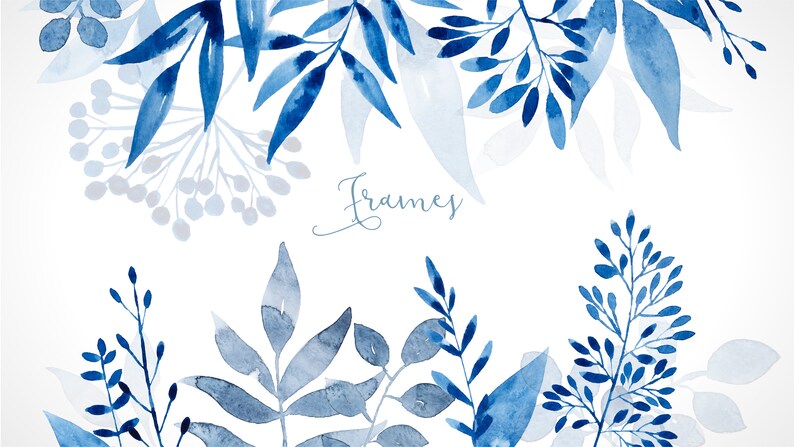 Foliage Clipart, Blue Leaves Clipart, Indigo Clipart, Blue Watercolor ...